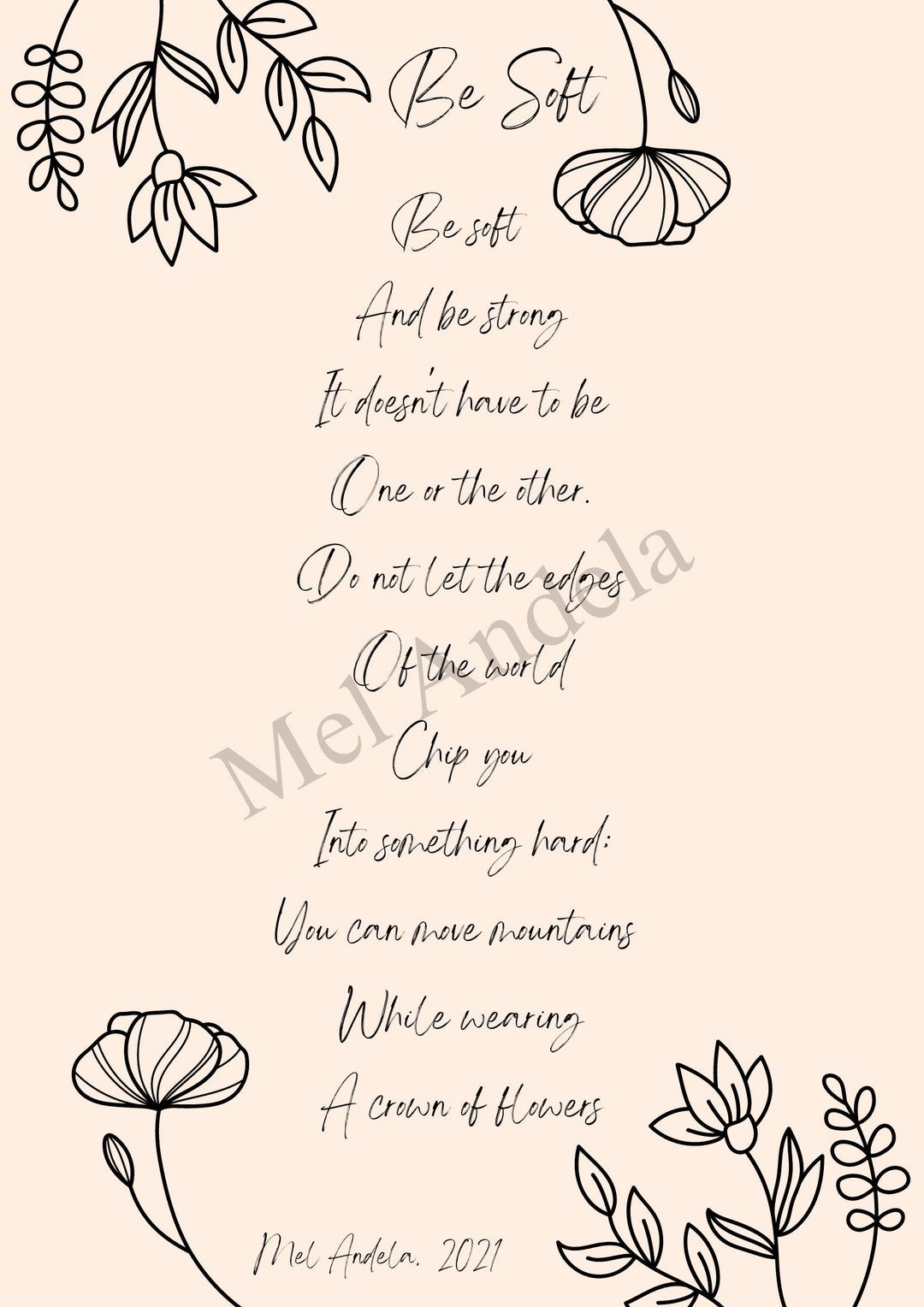 Poem Print Floral on Pink Digital Download 'be Soft' - Etsy