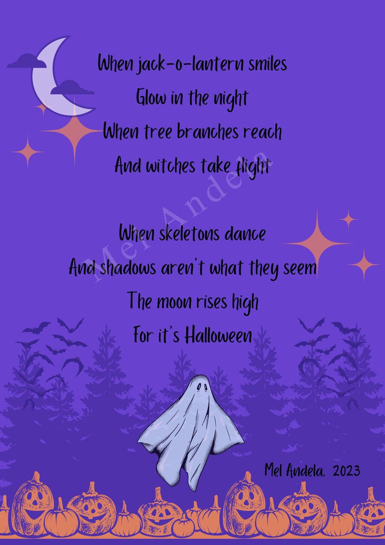 Halloween Poem Print on Purple, Ghost, Digital Download, 'halloween ...