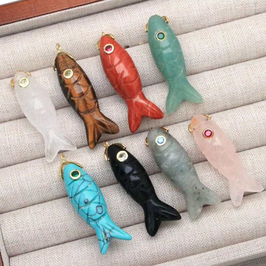 1pcs Carved Natural Stone Fish Pendant With Colorful Zircon, Gemstone ...