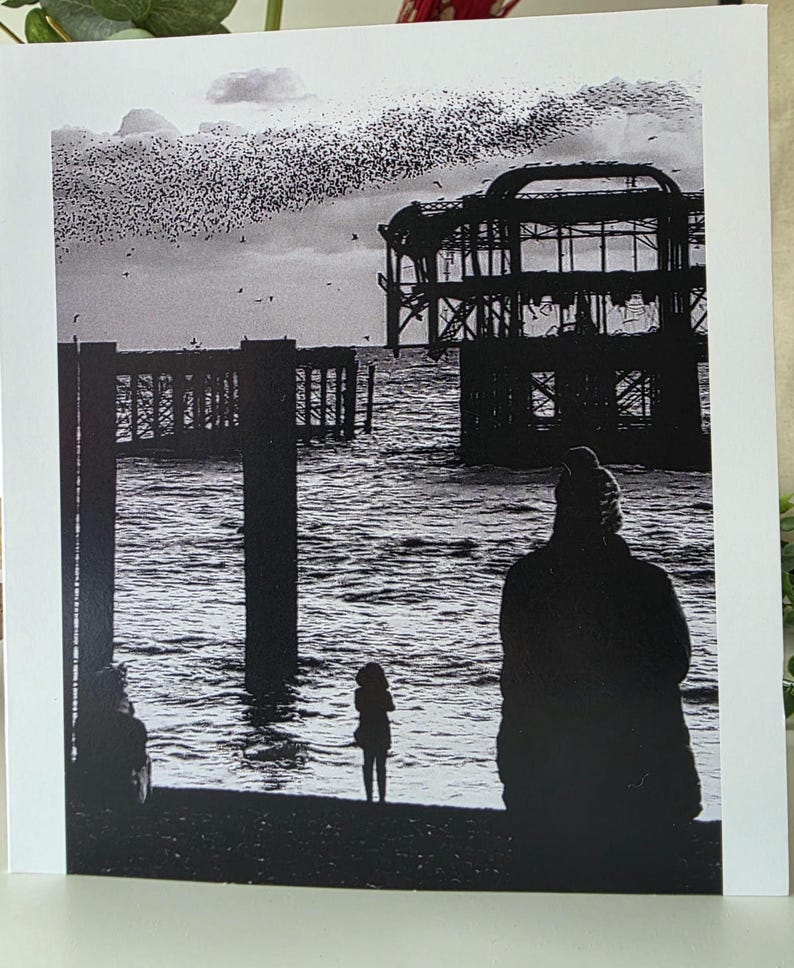 Greetings Card, Black and White Starling Murmuration Brighton Pier ...