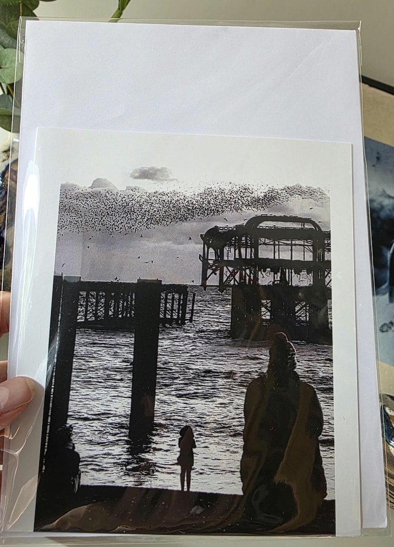 Greetings Card, Black and White Starling Murmuration Brighton Pier ...