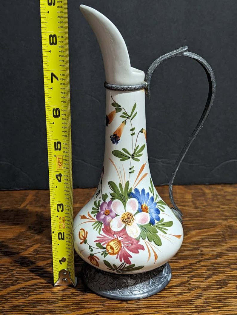 Hand Painted Porcelain Ewer Pitcher With Metal Handle & Base - Vintage ...