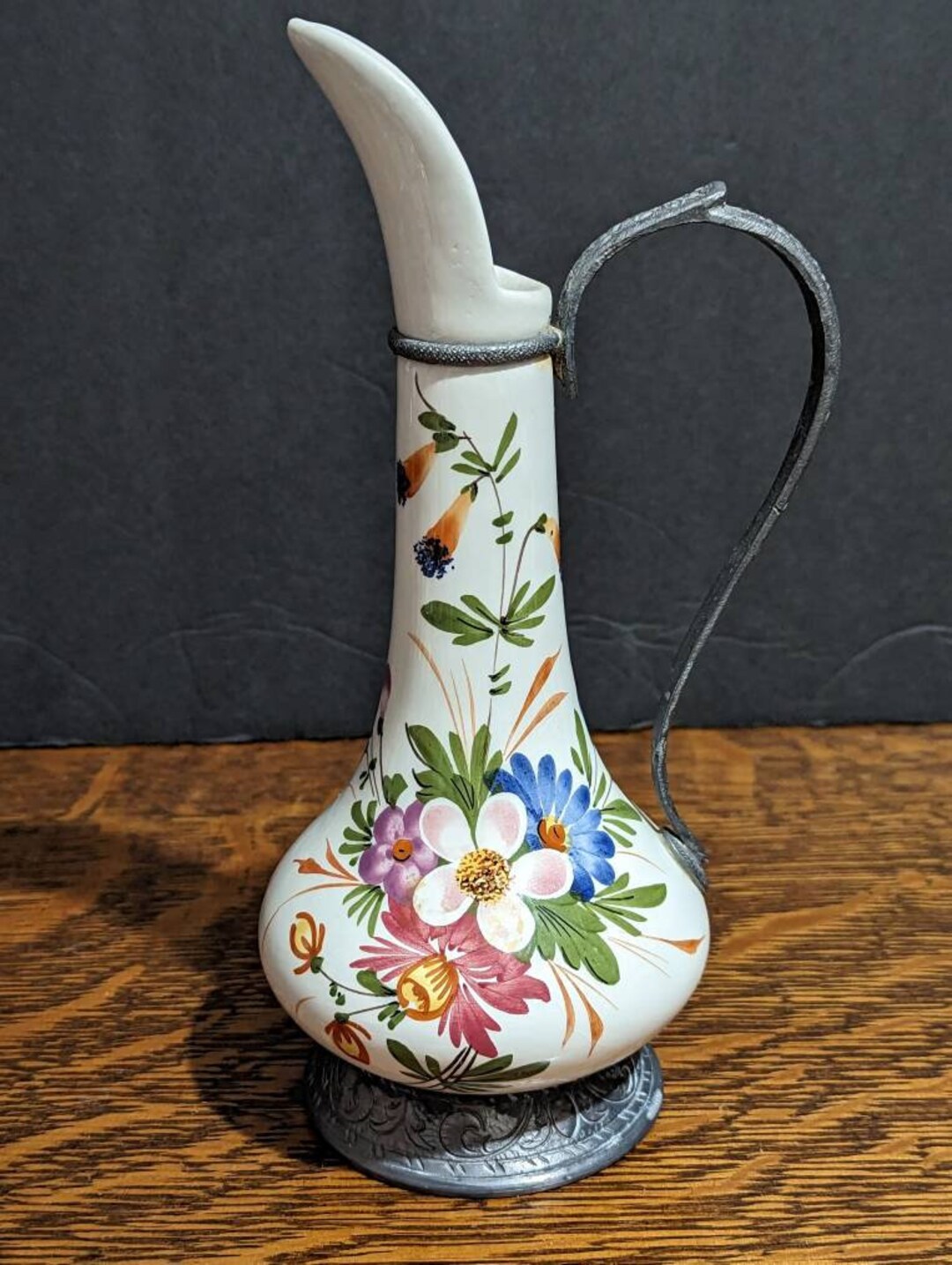 Hand Painted Porcelain Ewer Pitcher With Metal Handle & Base - Vintage ...