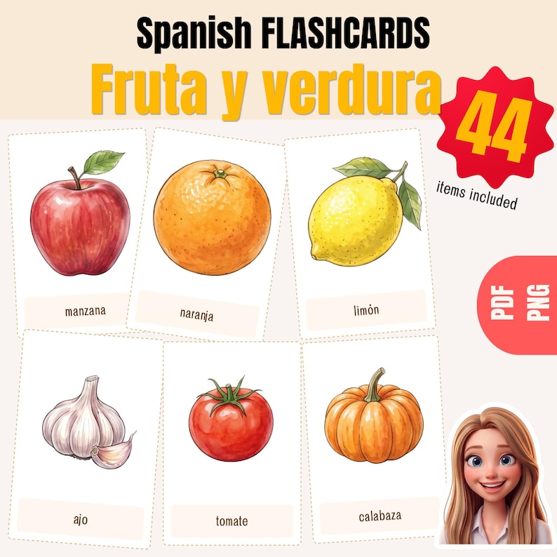 Spanish Fruits & Vegetables Flashcards, Printable Vocabulary Cards ...