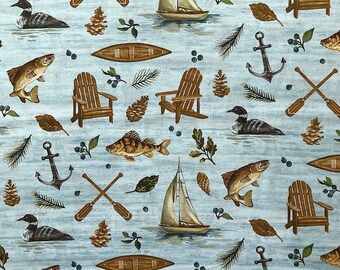 Denim Blue Fabric Mountain Lake by Scarlette Soleil Woodland Retreat ...