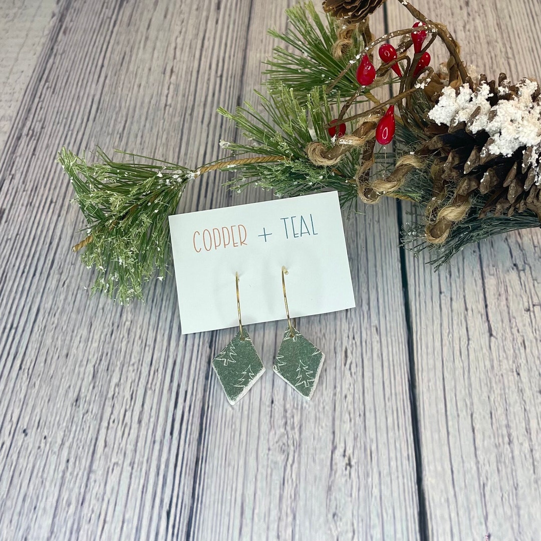 Green Christmas Trees Clay Diamonds on Hoop Earrings - Etsy