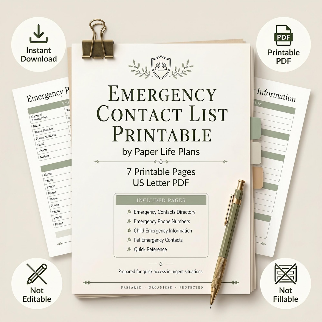 Emergency Contact List Printable PDF, Family Emergency Phone Numbers ...