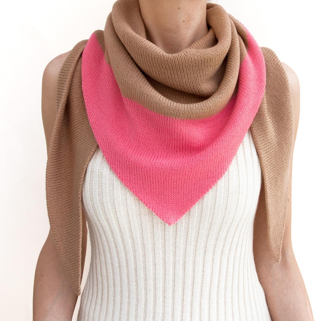Triangle Scarf, Beige, Pink, Camel, Color Block, Knit Scarf, Knit ...