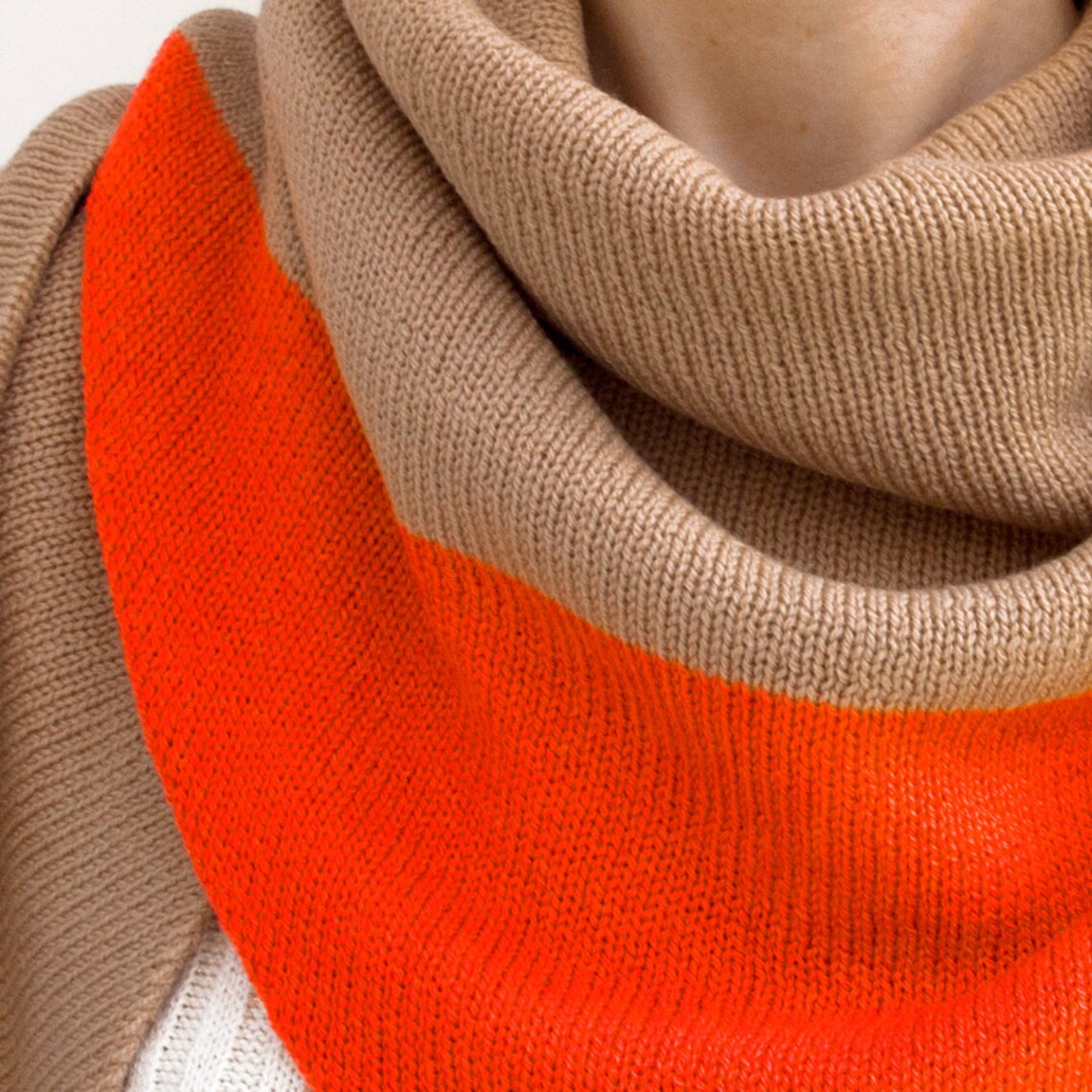 Triangle Scarf, Beige, Red Orange, Color Block, Knit Scarf, Knit ...