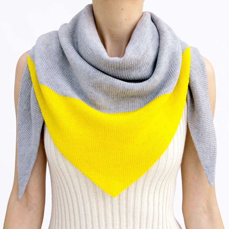 Triangle Scarf, Grey, Yellow, Camel, Color Block, Knit Scarf, Knit ...