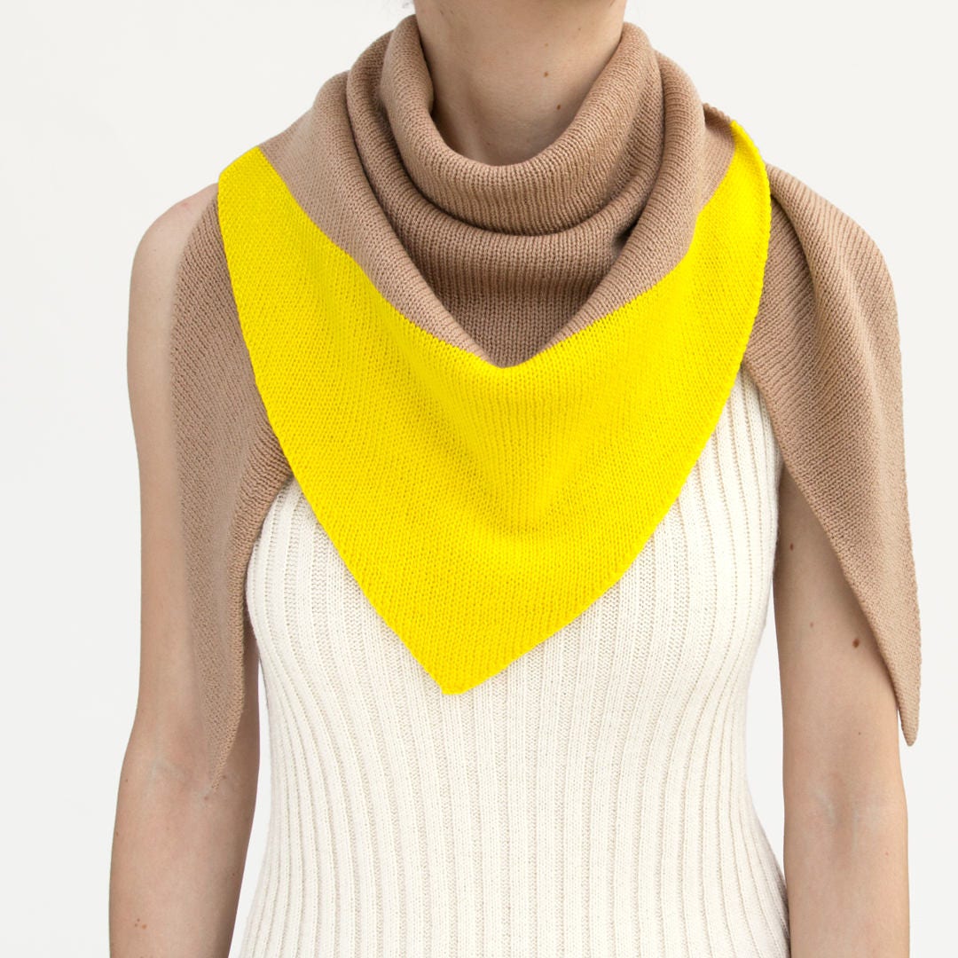 Triangle Scarf, Beige, Yellow, Camel, Color Block, Knit Scarf, Knit ...