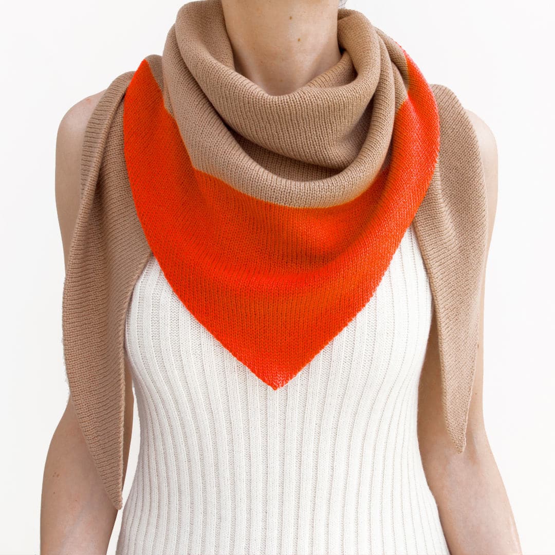 Triangle Scarf, Beige, Red Orange, Color Block, Knit Scarf, Knit ...