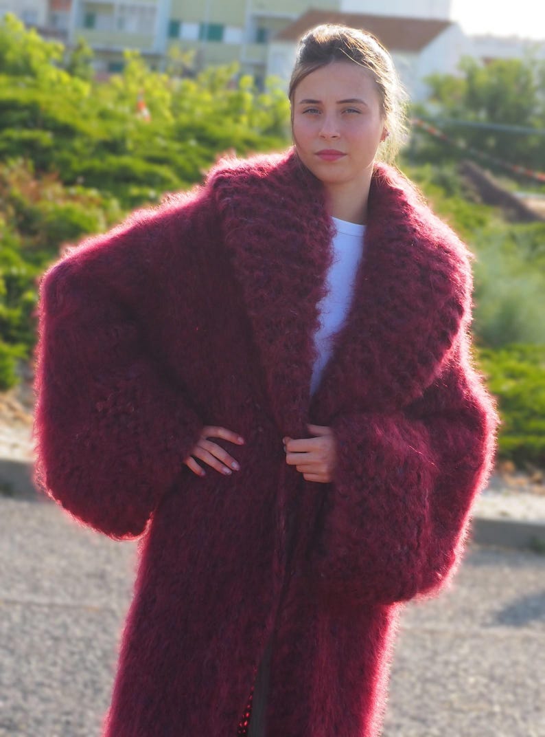 Mohair Long Coat Burgundy Oversize Thick Mohair Handknitted by ...