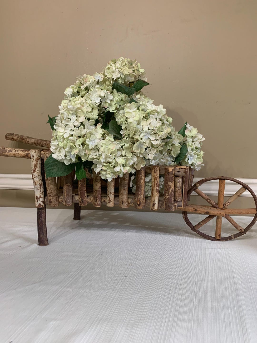 Folk Art Wheelbarrow, Vintage Wood Branch Barrow Decorative Garden Yard ...