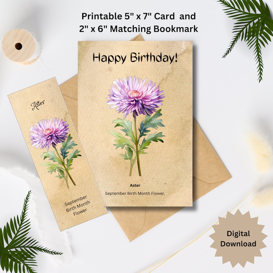 Printable September Birth Flower Birthday Card & Matching Bookmark ...