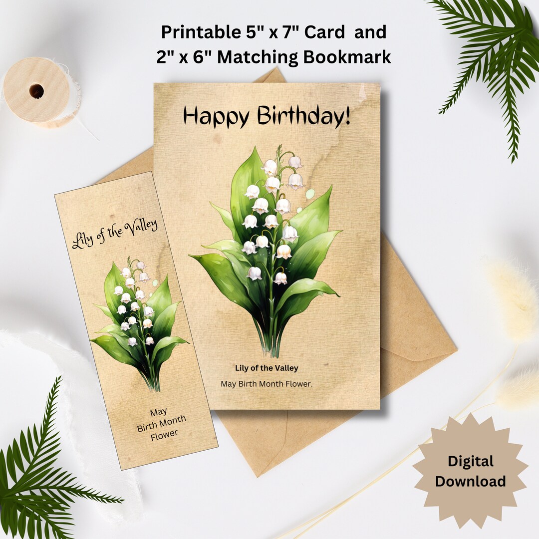 Printable May Birth Month Flower Birthday Card & Matching Bookmark Gift ...