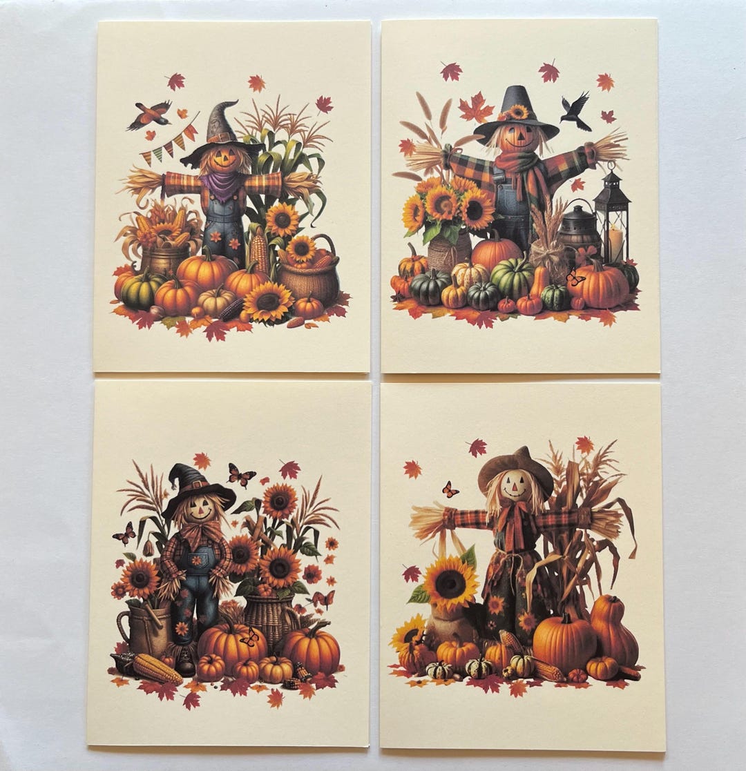 12 Fall Scarecrow Greeting Cards, Sunflower Note Cards, Pumpkin Note ...