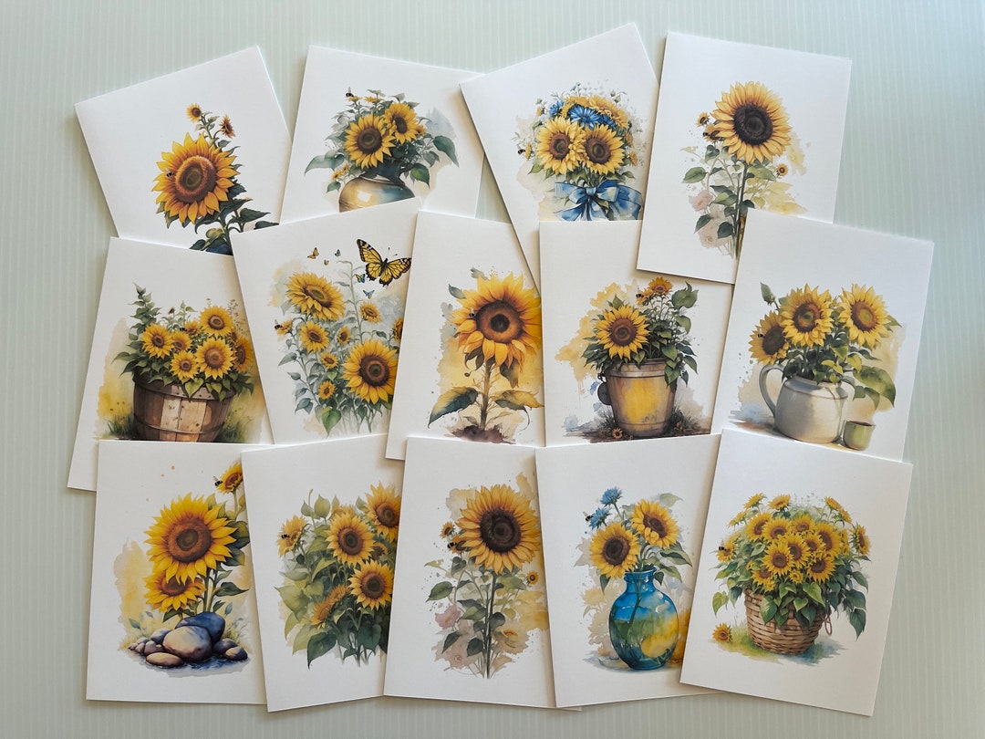14 Watercolor Sunflower Greeting Cards, Sunflower Note Cards ...