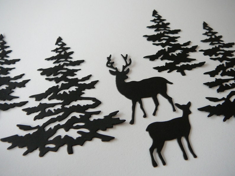 6pc. Black Pine Trees and Deer Die Cut Paper Cut Outs, Embellishments ...