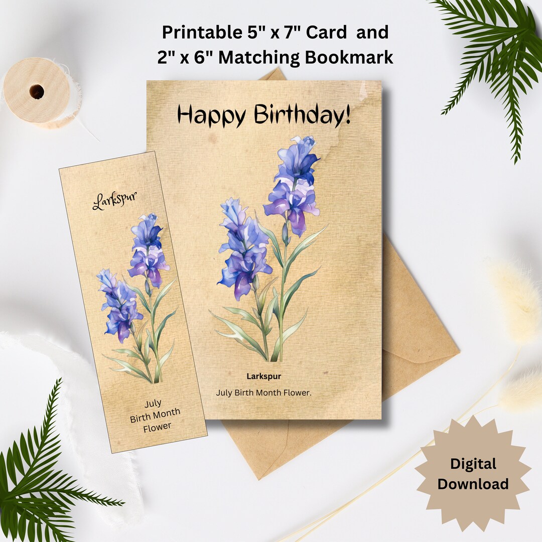 Printable July Birth Flower Birthday Card & Matching Bookmark, Digital ...