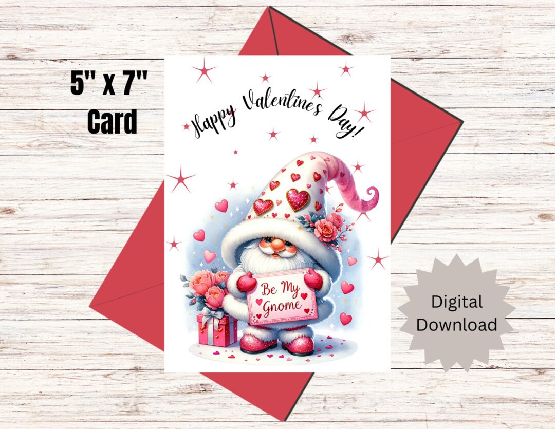 Printable Gnome Valentines Day Card, Digital Download, Digital Card ...