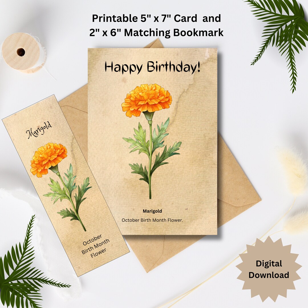 Printable October Birth Flower Birthday Card & Matching Bookmark ...