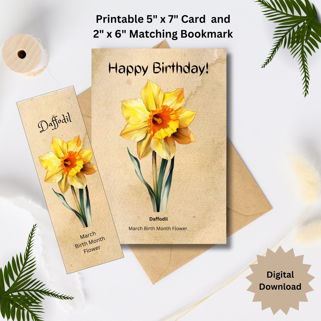 Printable March Birth Flower Birthday Card & Matching Bookmark, Digital ...