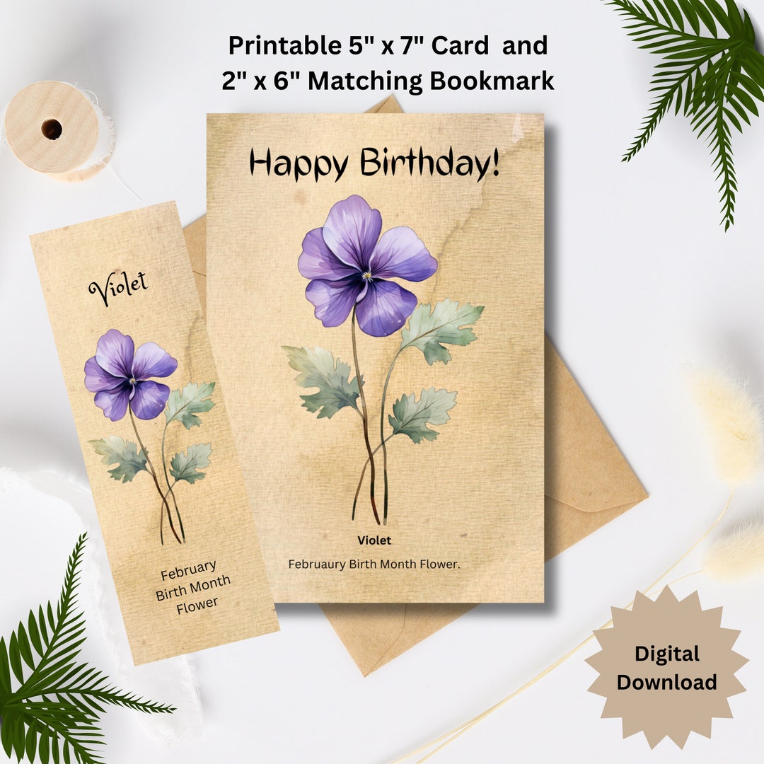 Printable February Birth Flower Birthday Card, Matching Bookmark ...