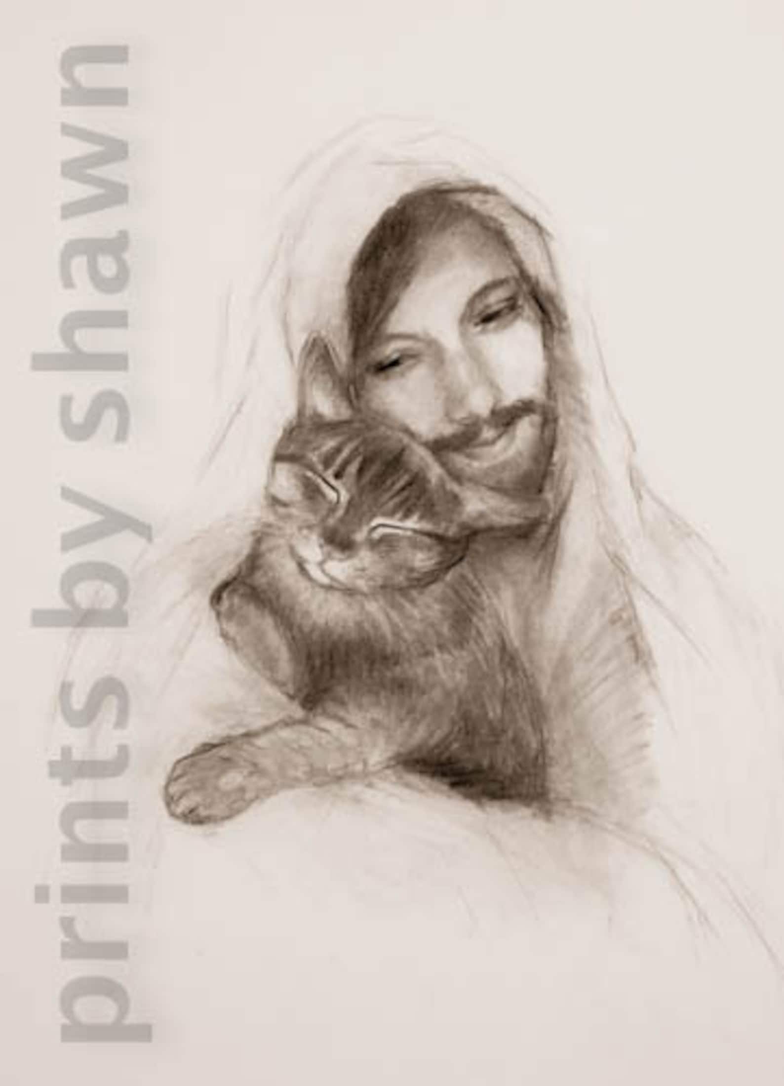 Cat Art Print of Tabby Cat and Jesus Kitten Art Gift Print - Etsy Australia
