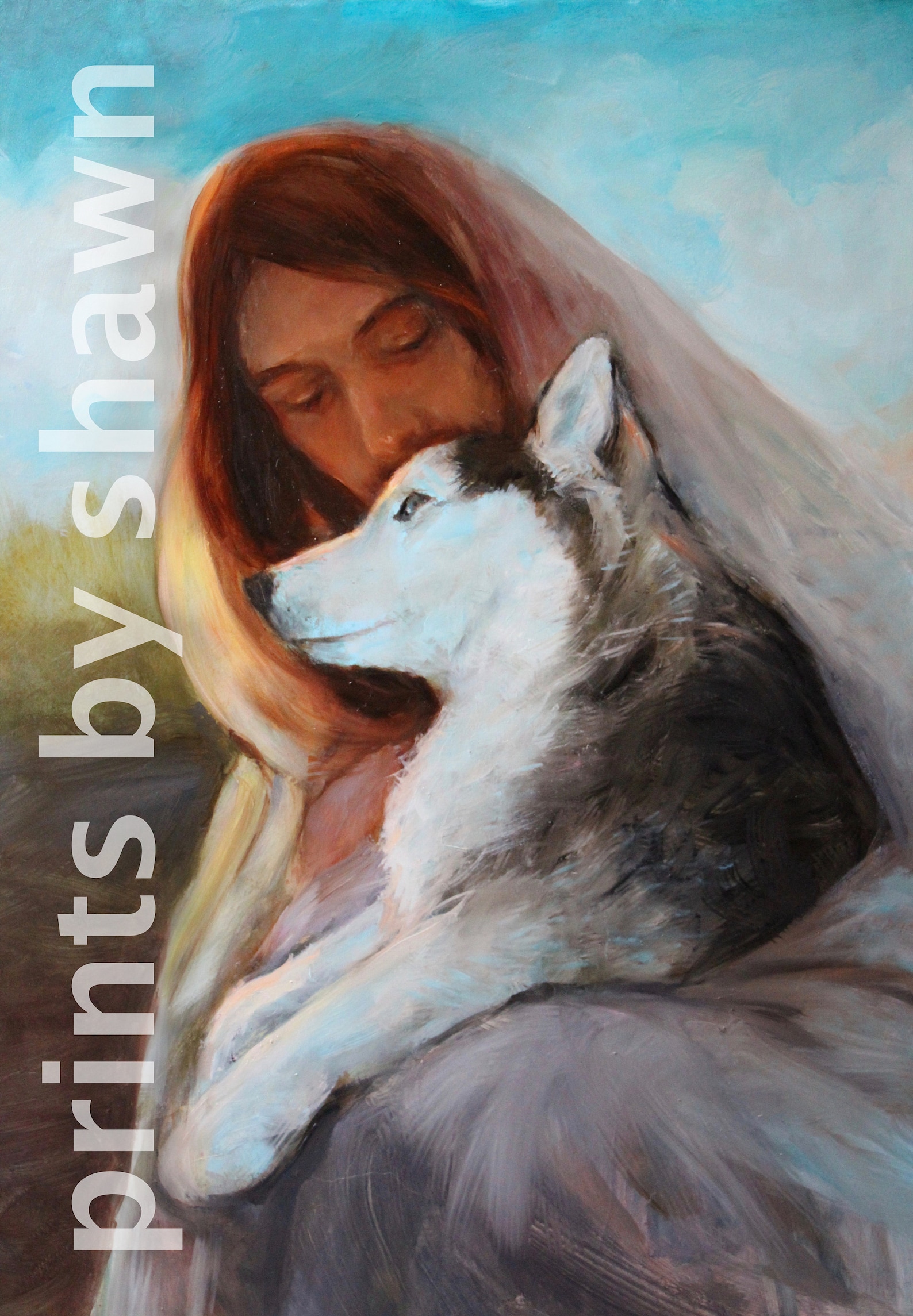 Siberian Husky Art Print, Jesus With Husky Dog, Husky Dog Lover Art ...