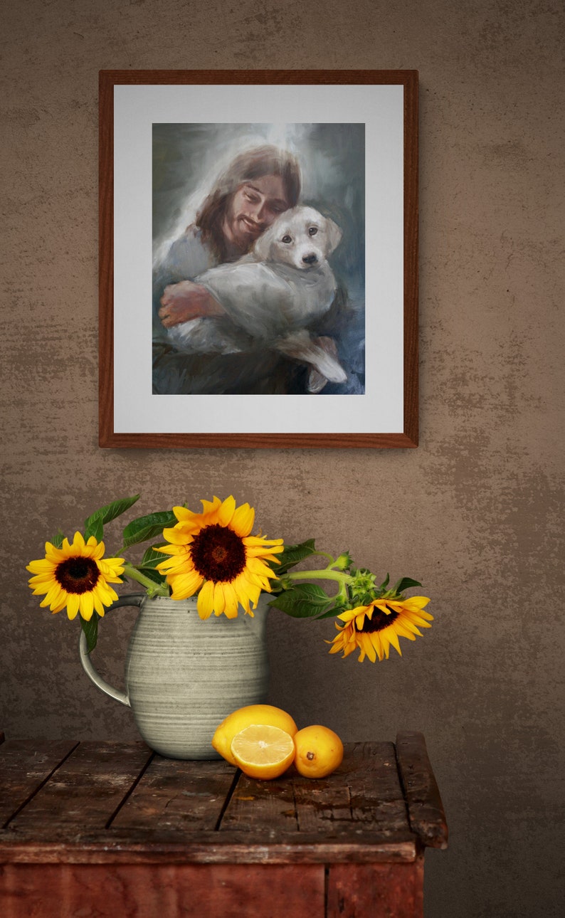 Unique Art Print With Dog and Jesus Hugging Dog Print White - Etsy