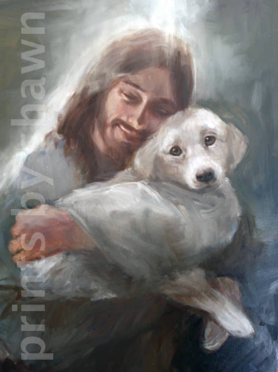 Unique Art Print With Dog and Jesus, Hugging Dog Print, White Dog Art ...