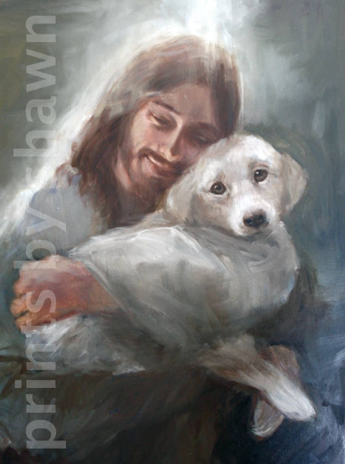Unique Art Print With Dog and Jesus Hugging Dog Print White - Etsy