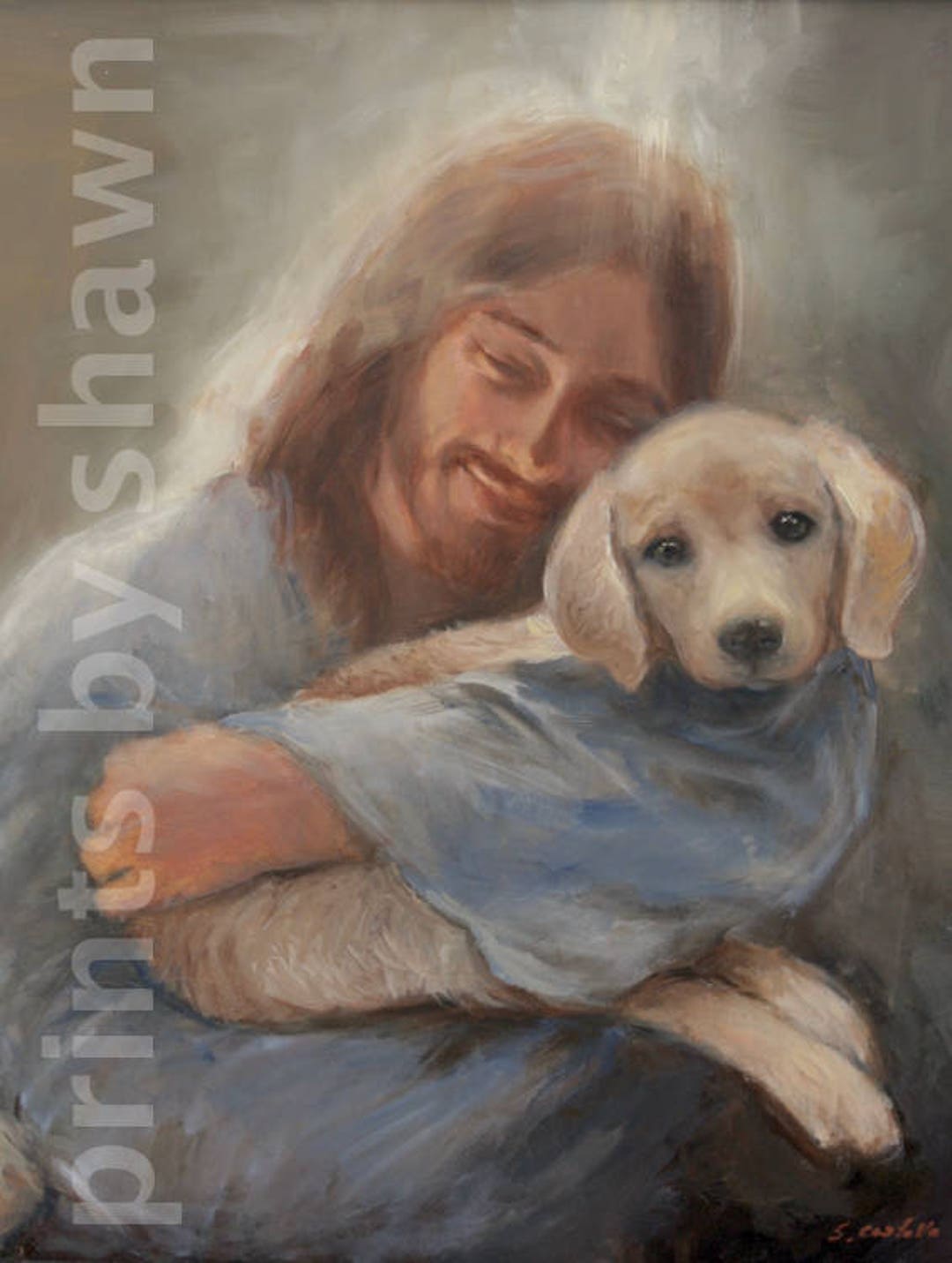 Art Print Yellow Labrador Dog, Yellowfins Labrador Retriever With Jesus ...