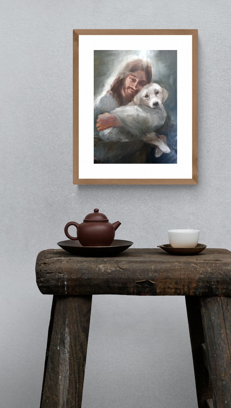 Unique Art Print With Dog and Jesus Hugging Dog Print White - Etsy