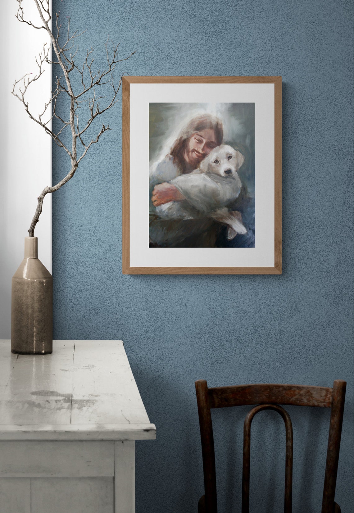 Unique Art Print With Dog and Jesus Hugging Dog Print White - Etsy