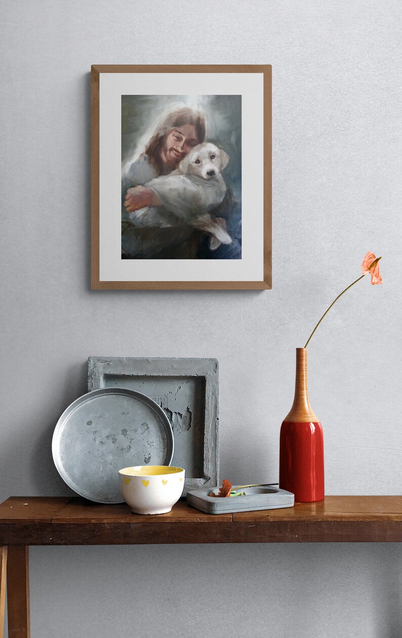 Unique Art Print With Dog and Jesus Hugging Dog Print White - Etsy