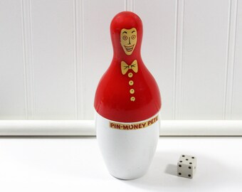 Vintage 1950's Pin Money Pete Bowling Pin Coin Bank, MCM Plastic Piggy ...