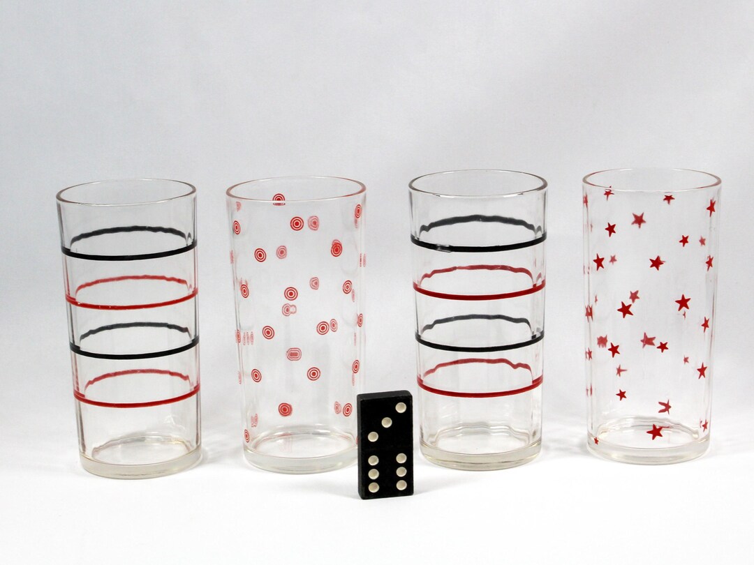 Four Vintage 4 3/4" Red and Black Swanky Swig Glasses; Stripes, Stars ...