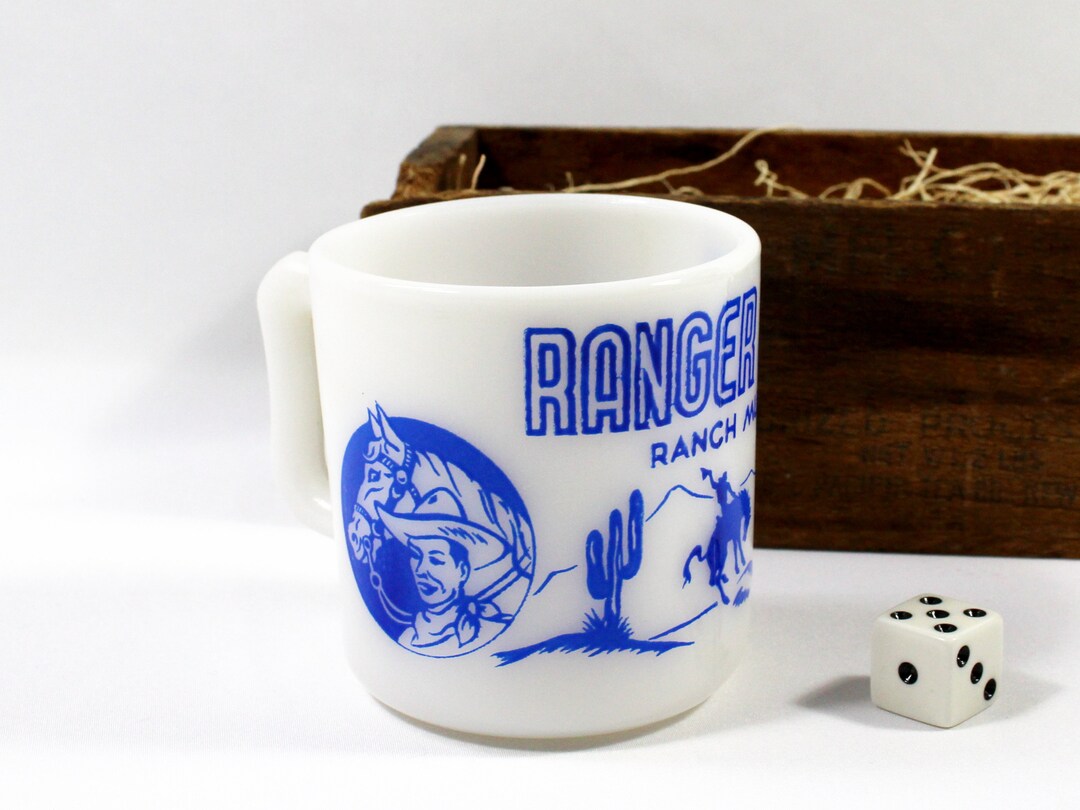 Vintage Milk Glass Ranger Joe Ranch Mug, Blue and White Hazel Atlas ...