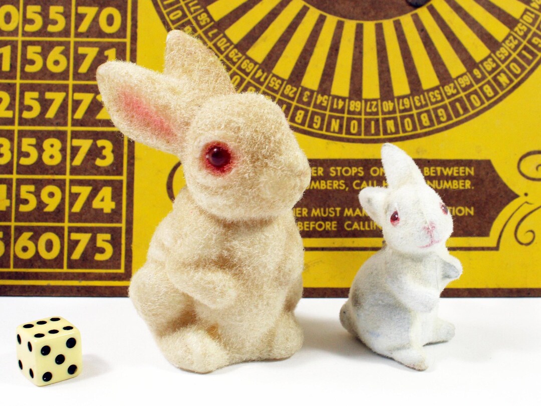 Two Vintage Flocked Rabbits, Beige and White Pink-eyed Bunny Plastic ...