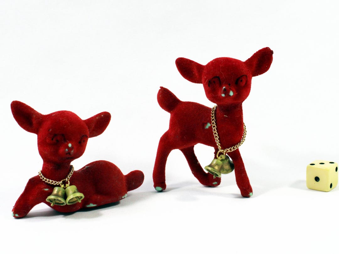 Two IMPERFECT Mid-century Small Red Flocked Reindeer - Etsy
