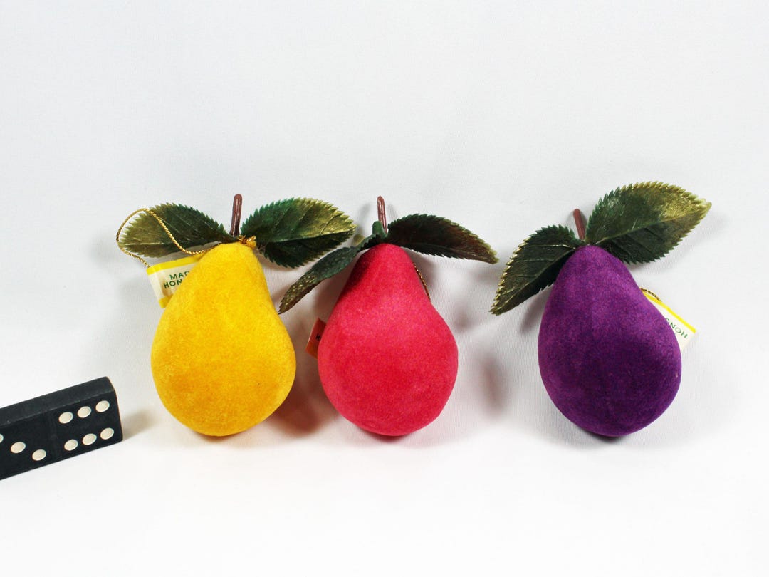 Three Vintage Flocked Pear Christmas Ornaments Pink, Yellow, and Purple ...