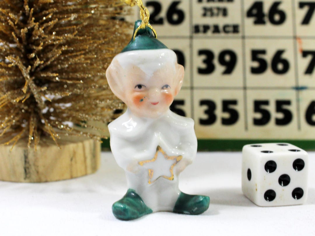 Vintage Tiny Ceramic Christmas Elf With Star Bell Ornament, Made in ...