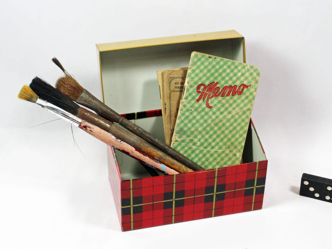 Vintage Metal Red & Black Plaid Recipe Box With Gold Lid Ohio Art Index ...