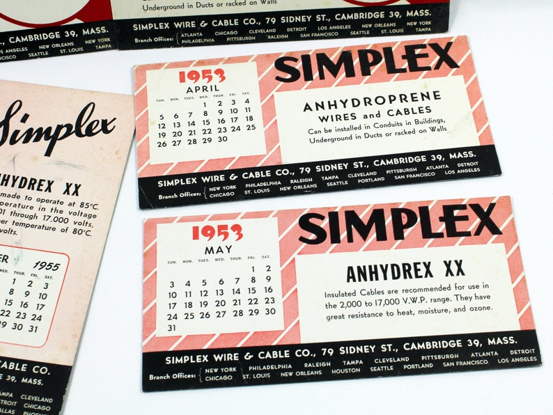 Six Vintage Simplex Wire & Cable Advertising Ink Blotter Calendar Cards ...