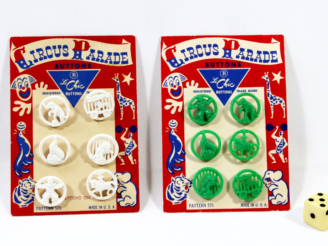Two Cards of Vintage Circus Parade Buttons, Green and White, 12 Le Chic ...