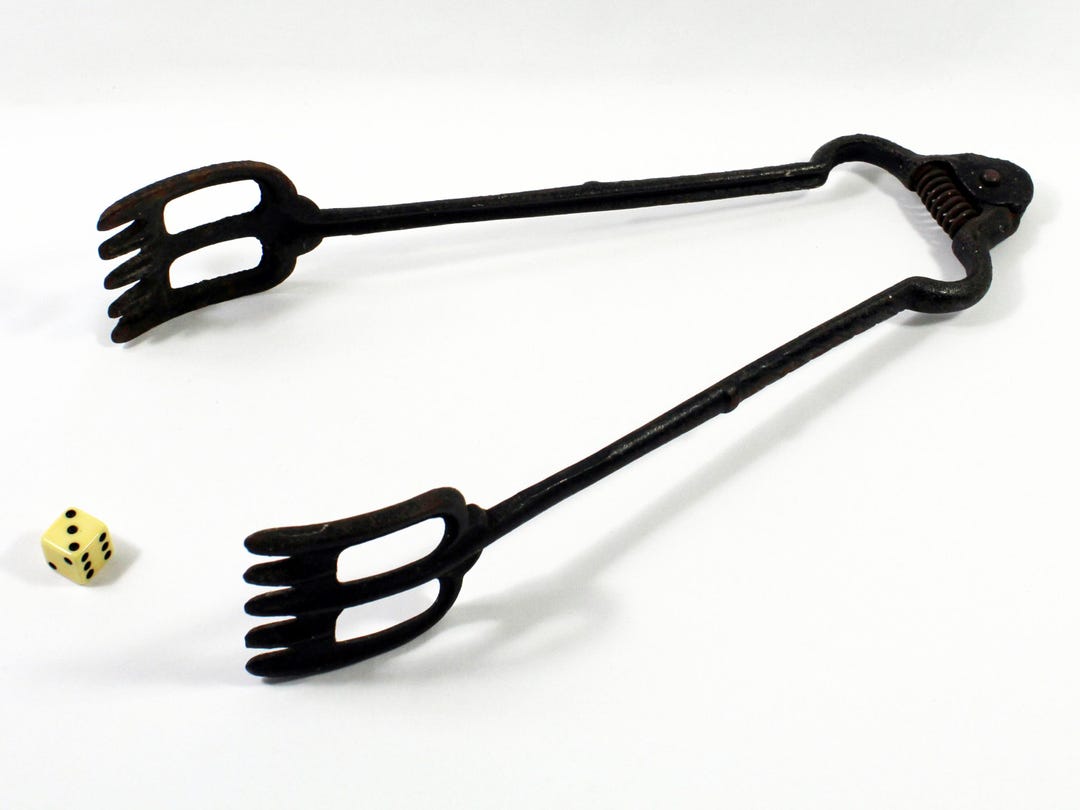 Primitive Cast Iron Spring-loaded Fireplace Coal Tongs, Cast Metal Tool ...