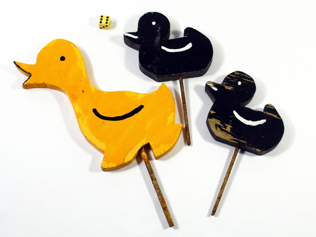 Vintage Wooden Folk Art Ducks, Yellow Duck and Black Ducklings Yard Art ...