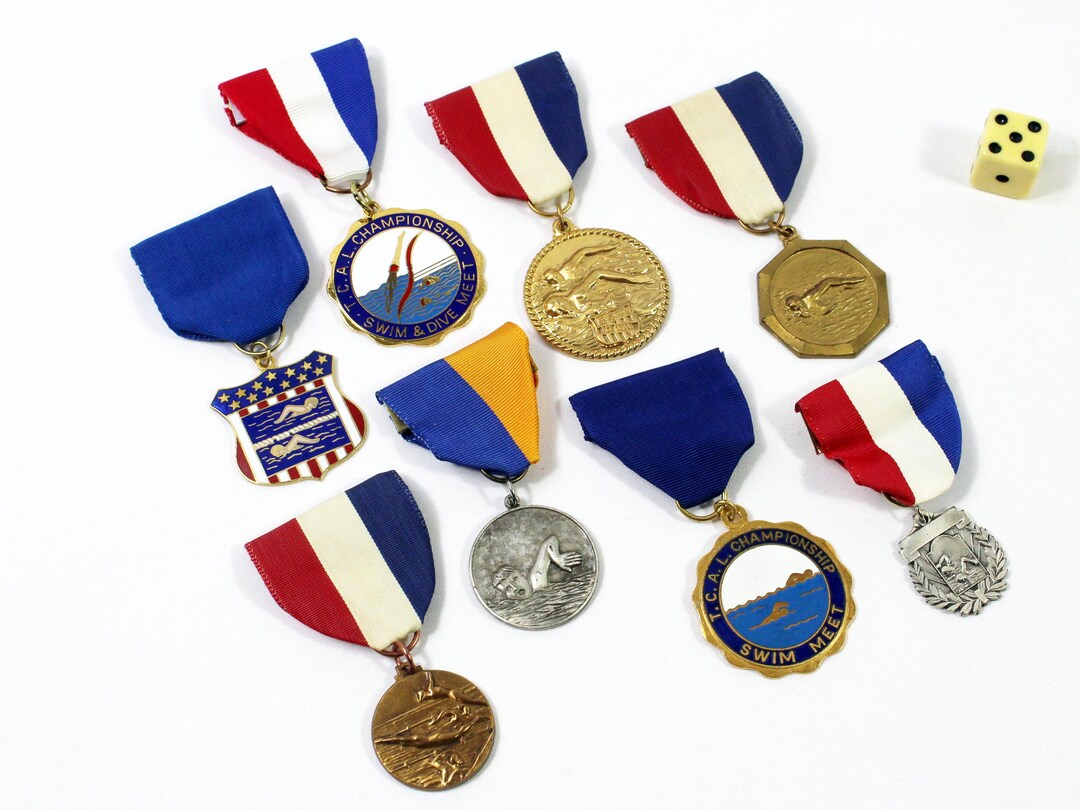 8 Vintage Swim Medals With Ribbons and Pinbacks, 1980s Swim Meet ...